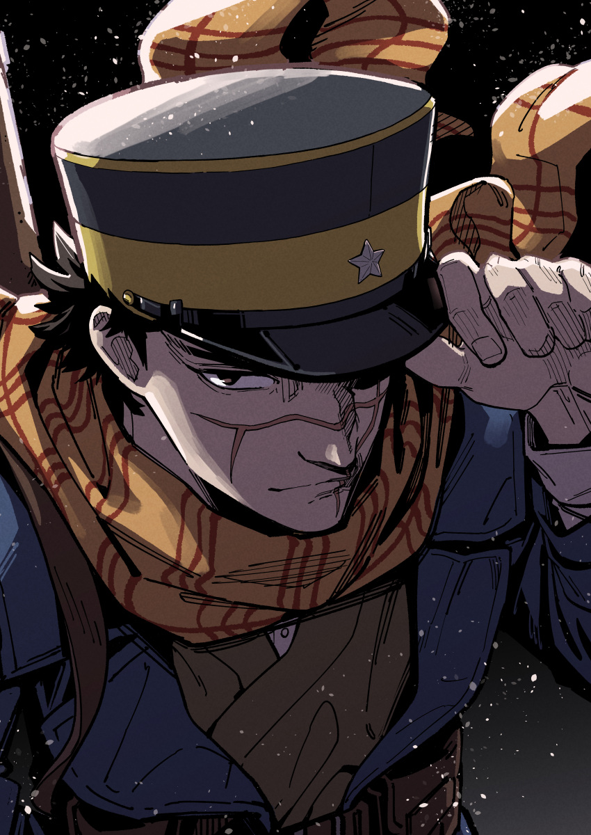 Safebooru - 1boy absurdres black hair golden kamuy hand on headwear hat ...