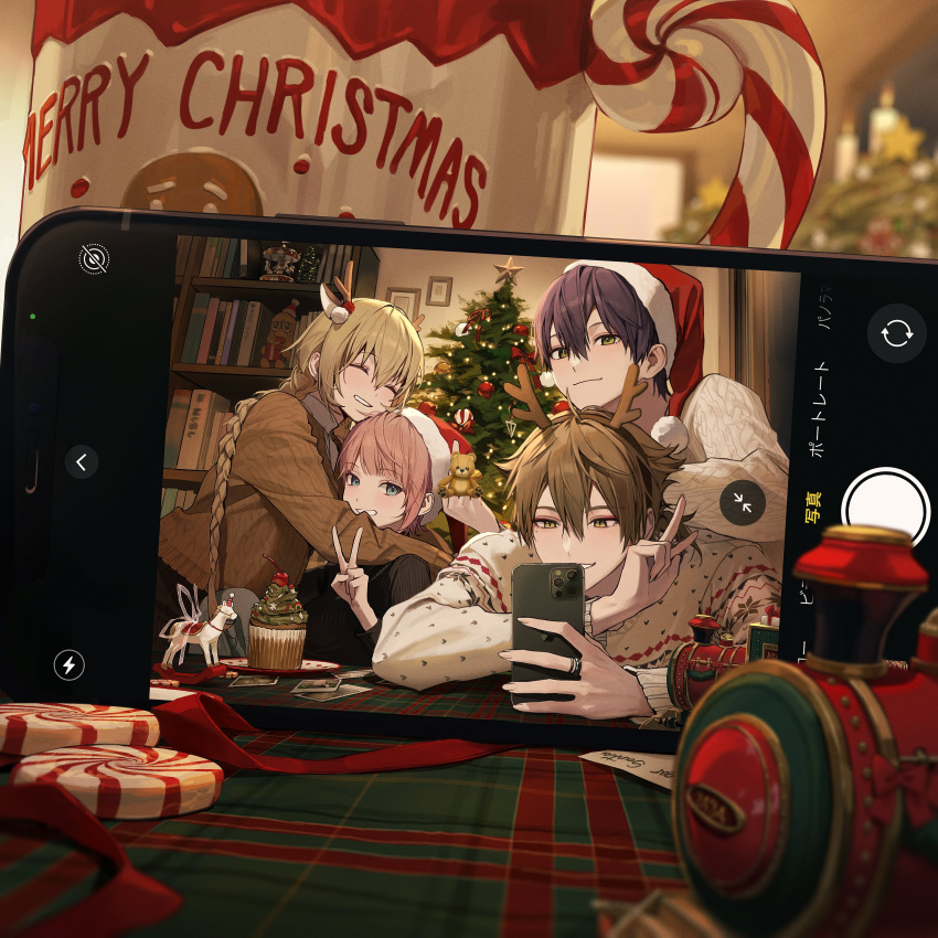Safebooru - absurdres antlers cellphone christmas cupcake food haero ...