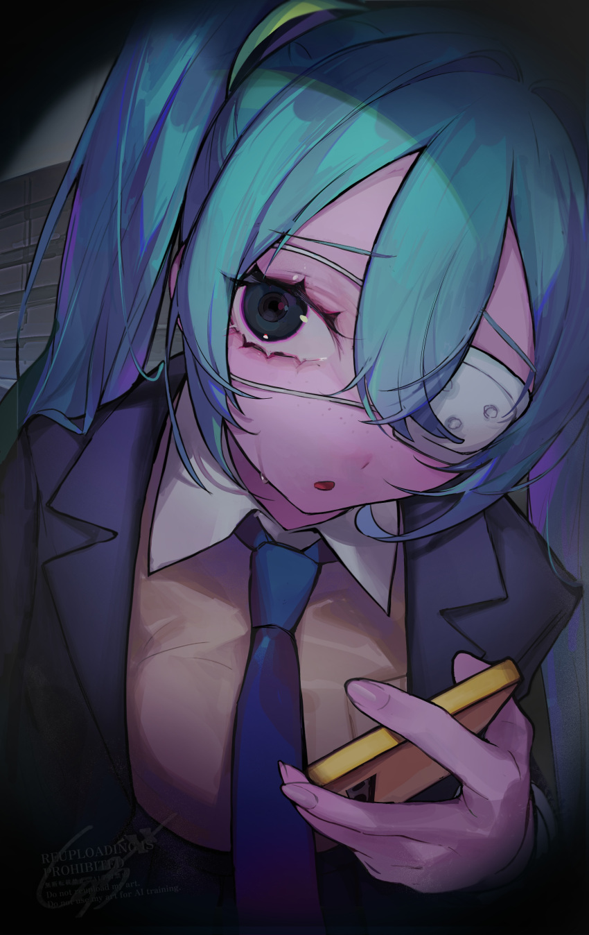 Safebooru - 1girl absurdres aqua hair black eyes black jacket blue eyes blue necktie brown ...