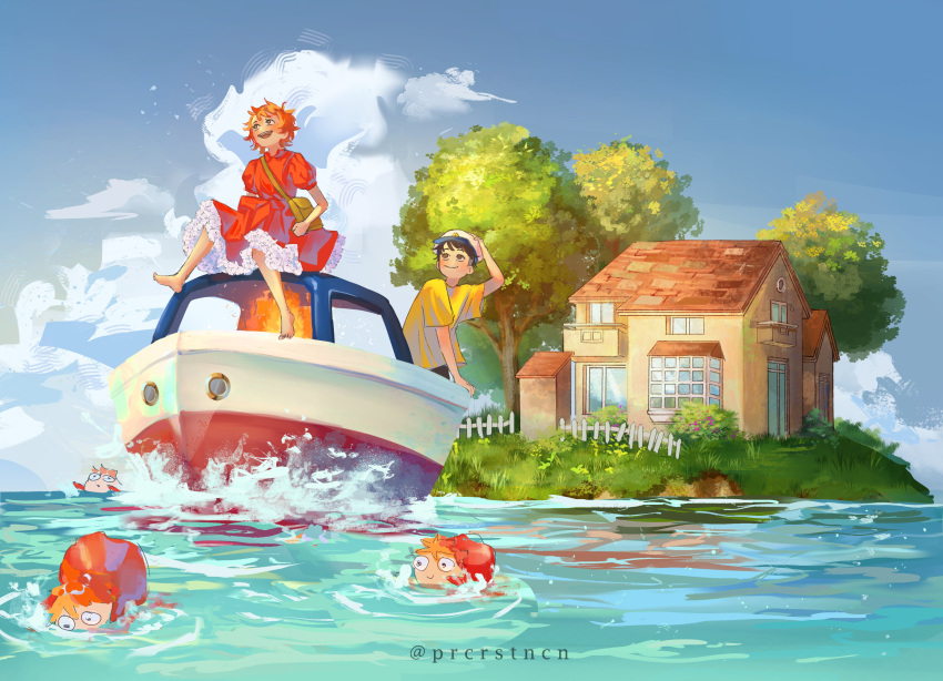 Safebooru - 1boy 1girl absurdres bag boat clouds commentary dress ...