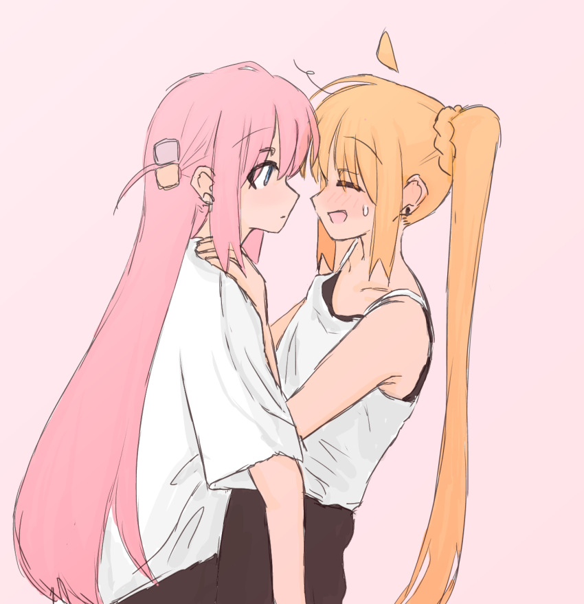 Safebooru - 2girls ahoge black pants blonde hair blush bocchi the rock! closed eyes closed mouth ...