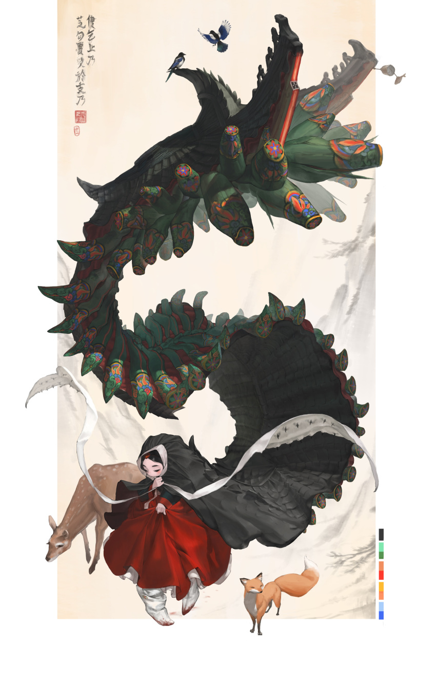 Safebooru - 1girl absurdres animal bird black hair blood closed eyes color guide deer fox ...