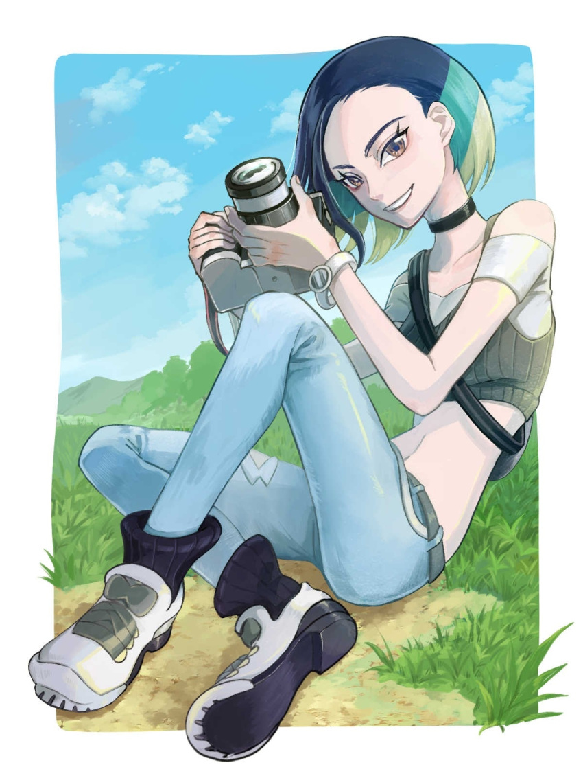 Safebooru - 1girl bare shoulders black choker blue hair bob cut breasts brown eyes camera choker ...
