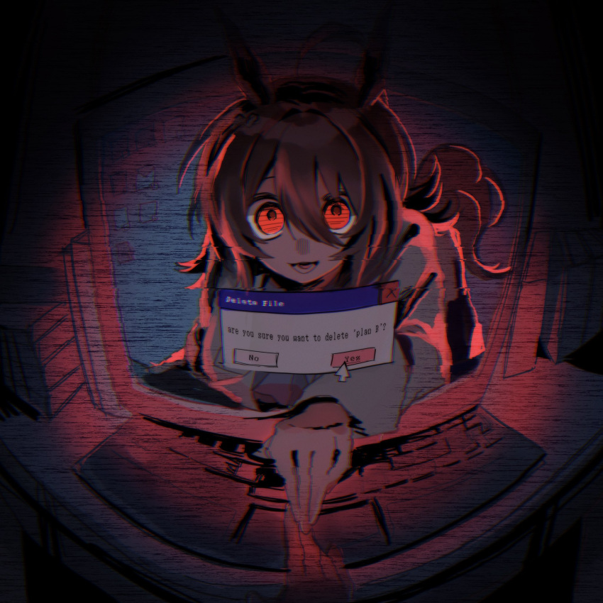 Safebooru - 1girl agnes tachyon (umamusume) ahoge animal ears coat computer keyboard desk film ...
