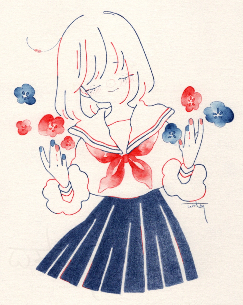 Safebooru - 1girl blue flower blue nails blue skirt closed eyes closed ...