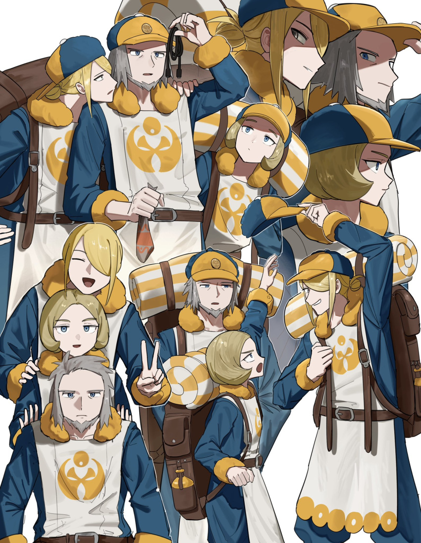 Safebooru - 1girl 2boys :o arm up backpack backwards hat bag beard belt ...