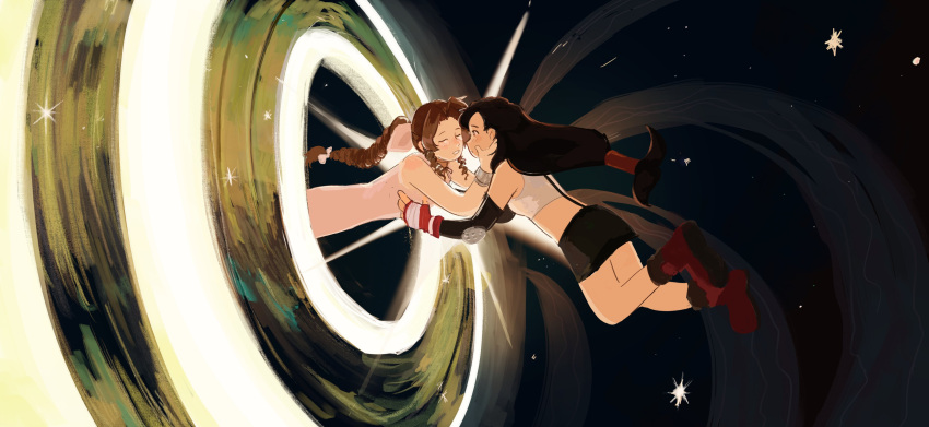 Safebooru - 2girls absurdres aerith gainsborough black skirt blush boots bow brown hair closed ...