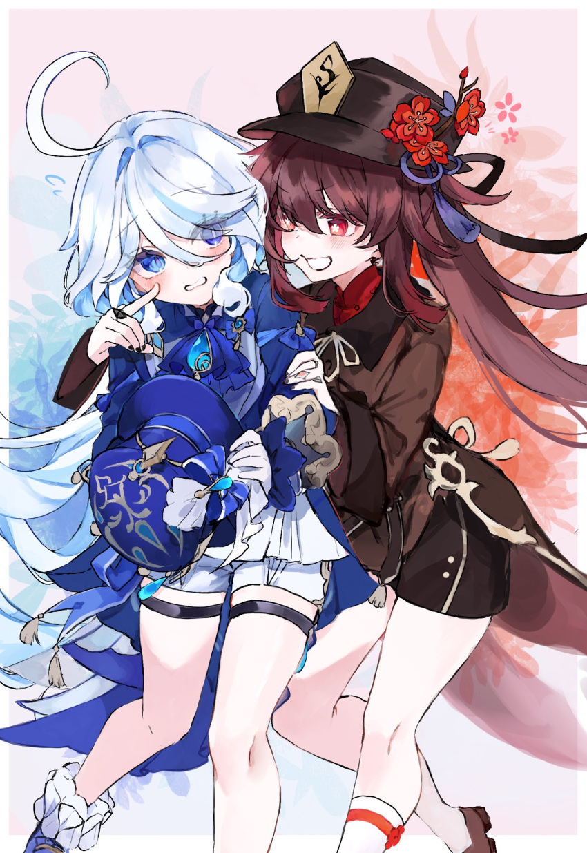 Safebooru - 2girls ahoge black hat black jacket black shorts blue eyes blue hair blue hat blue ...