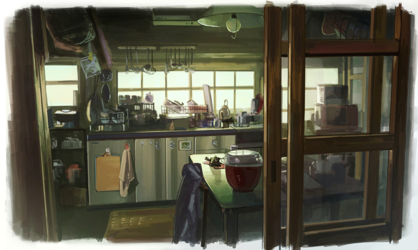 Safebooru - commentary request cutting board dish rack frying pan ...