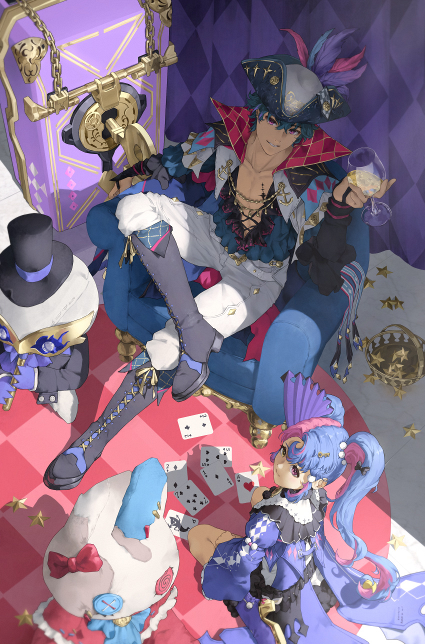 Safebooru - 1boy 1girl absurdres black collar blue hair blue shirt brant (wuthering waves) card ...