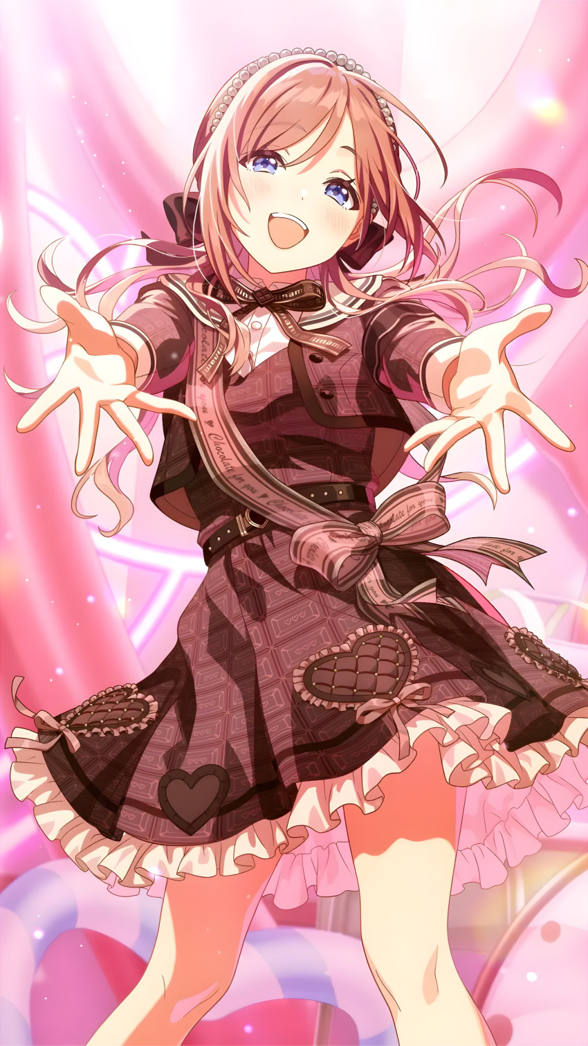 Safebooru - 1girl :d absurdres beads belt black belt blue eyes bow bowtie brown bow brown bowtie ...