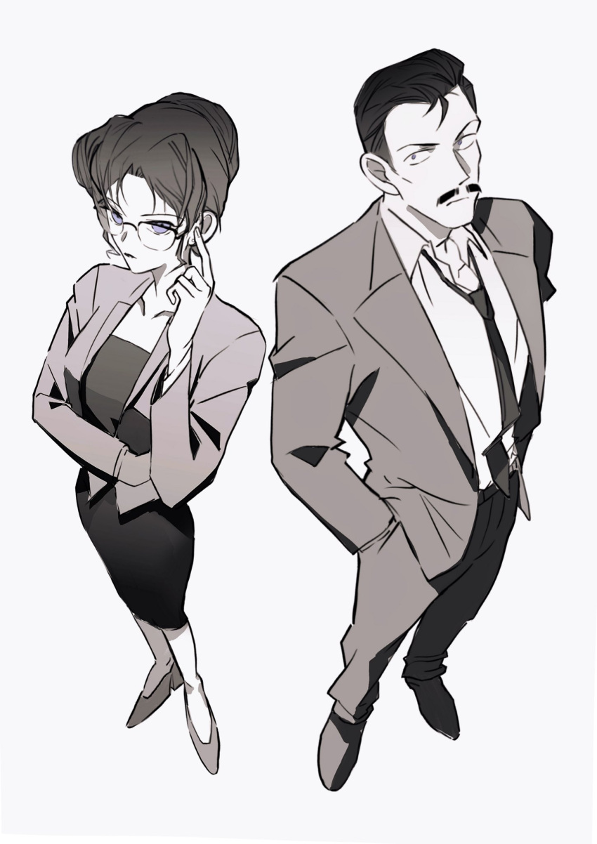 Safebooru - 1boy 1girl closed mouth collared shirt commentary dress facial hair from above ...