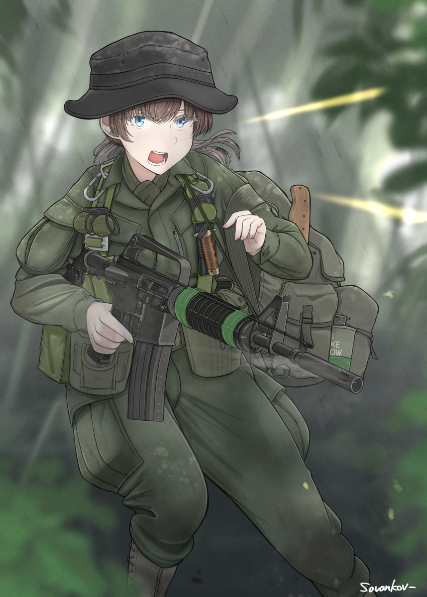 Safebooru - 1girl absurdres ammunition pouch artist name assault rifle backpack bag blue eyes ...