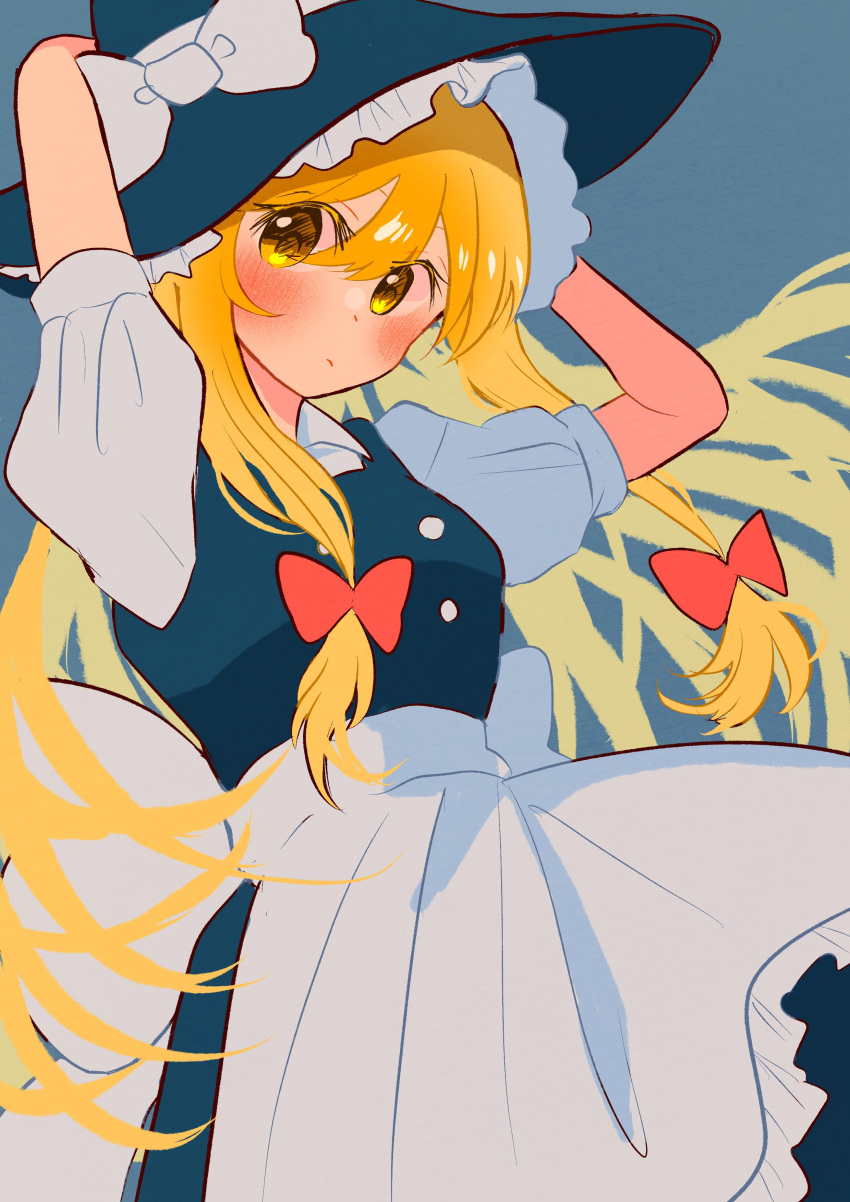 Safebooru - 1girl absurdres apron arms behind head black skirt black vest blonde hair blue ...