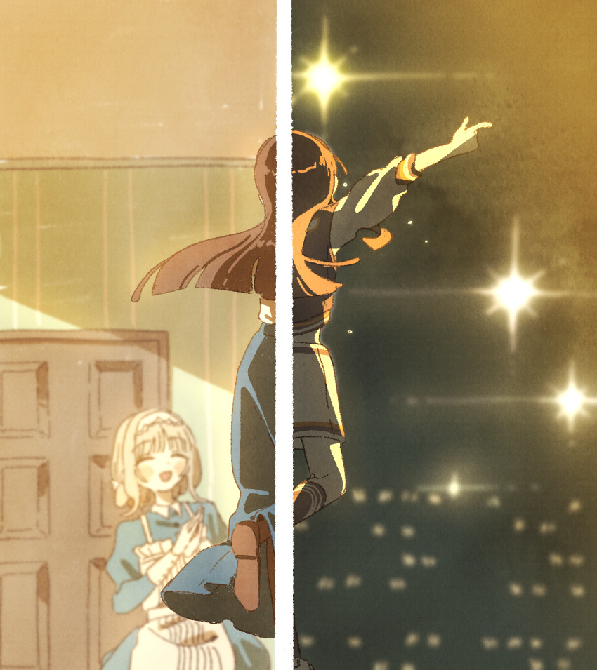 Safebooru - 2girls ^ ^ apron arm up blue dress blunt bangs blush brown hair closed eyes dancing ...