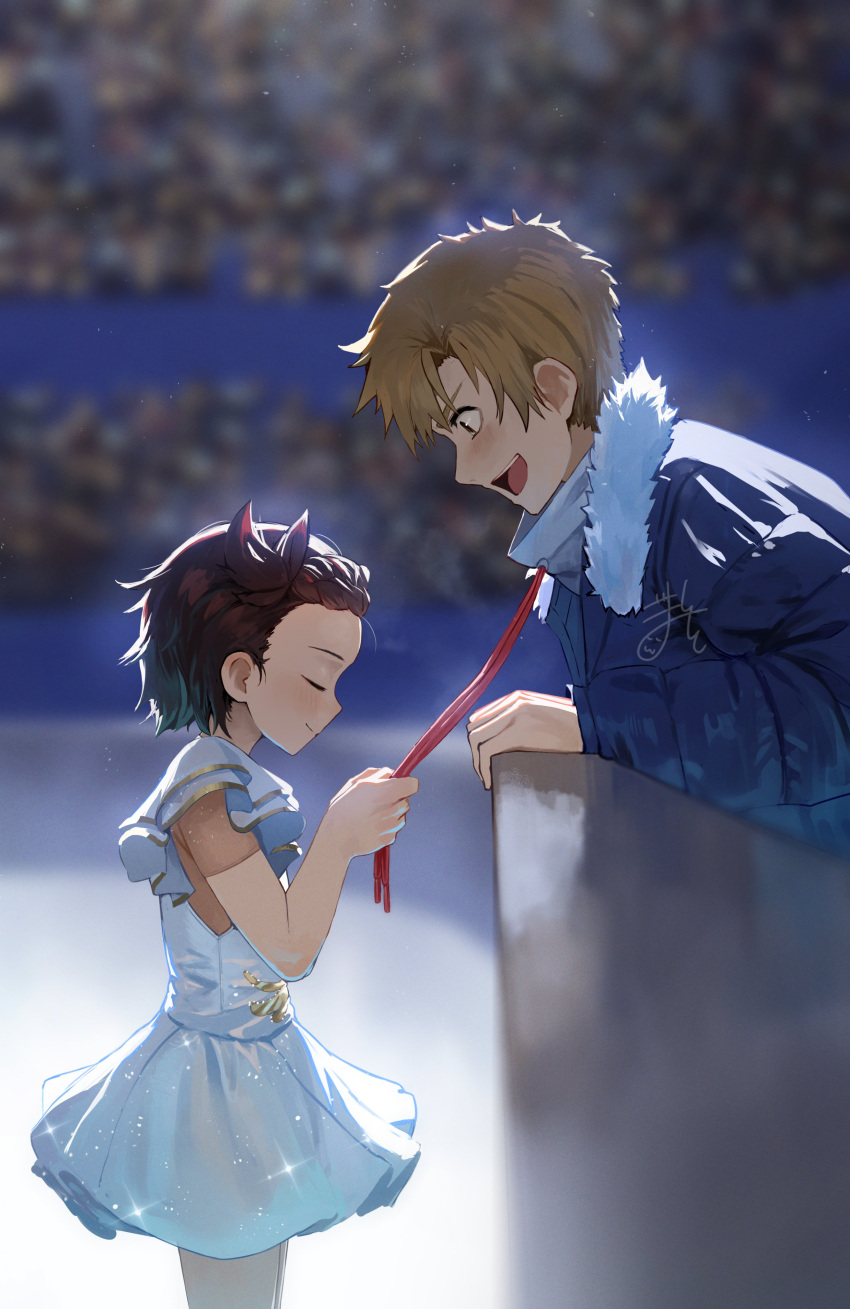 Safebooru - 1boy 1girl :d absurdres akeuraji tsukasa blonde hair blue jacket braid brown hair ...