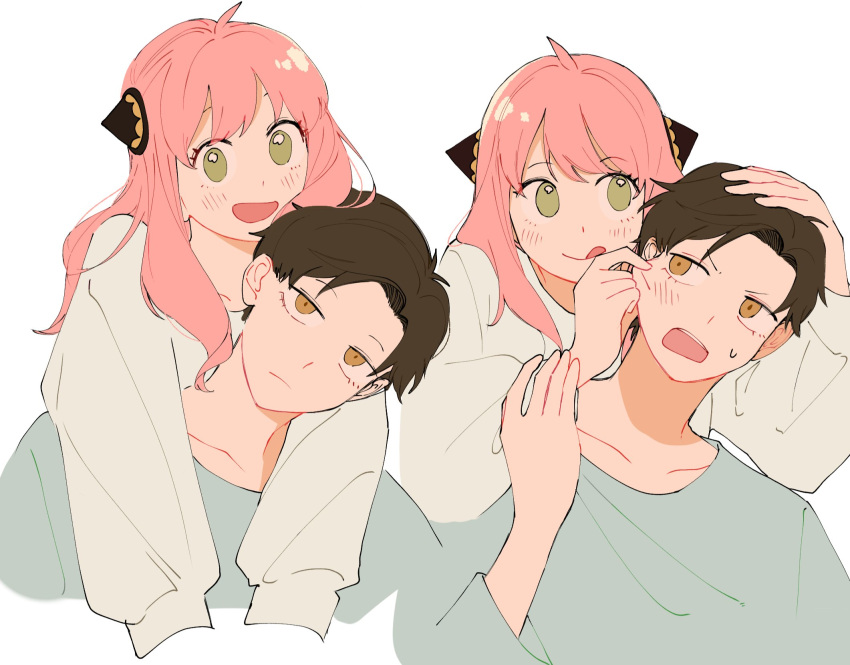 Safebooru - 1boy 1girl :q aged up anya (spy x family) black hair closed mouth damian desmond den ...