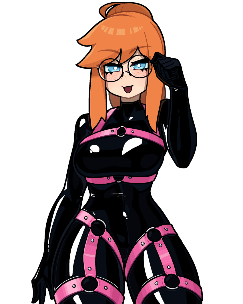 Safebooru - 1girl absurdres adjusting eyewear bdsm black-framed eyewear black bodysuit blue eyes ...