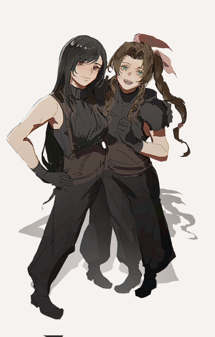 Safebooru - 2girls aerith gainsborough armor baggy pants black footwear black gloves black hair ...