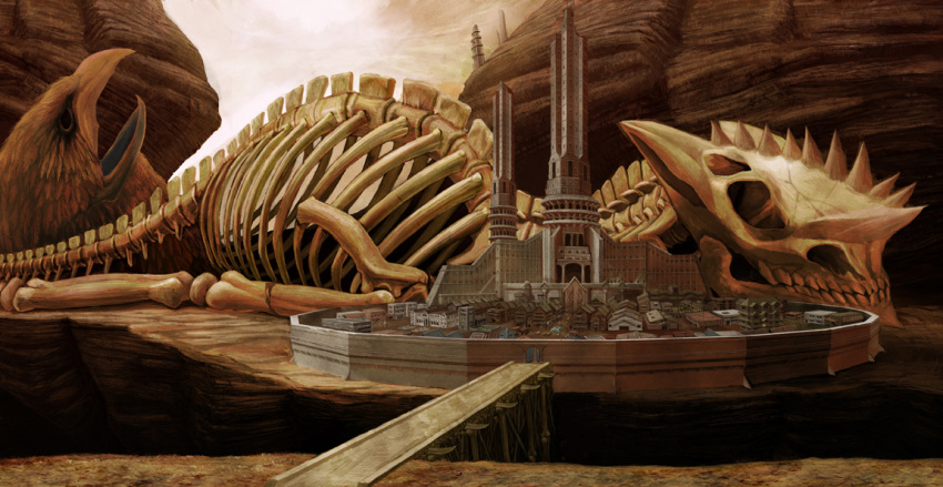 Safebooru - bridge canyon city eagle giant monster original skeleton ...