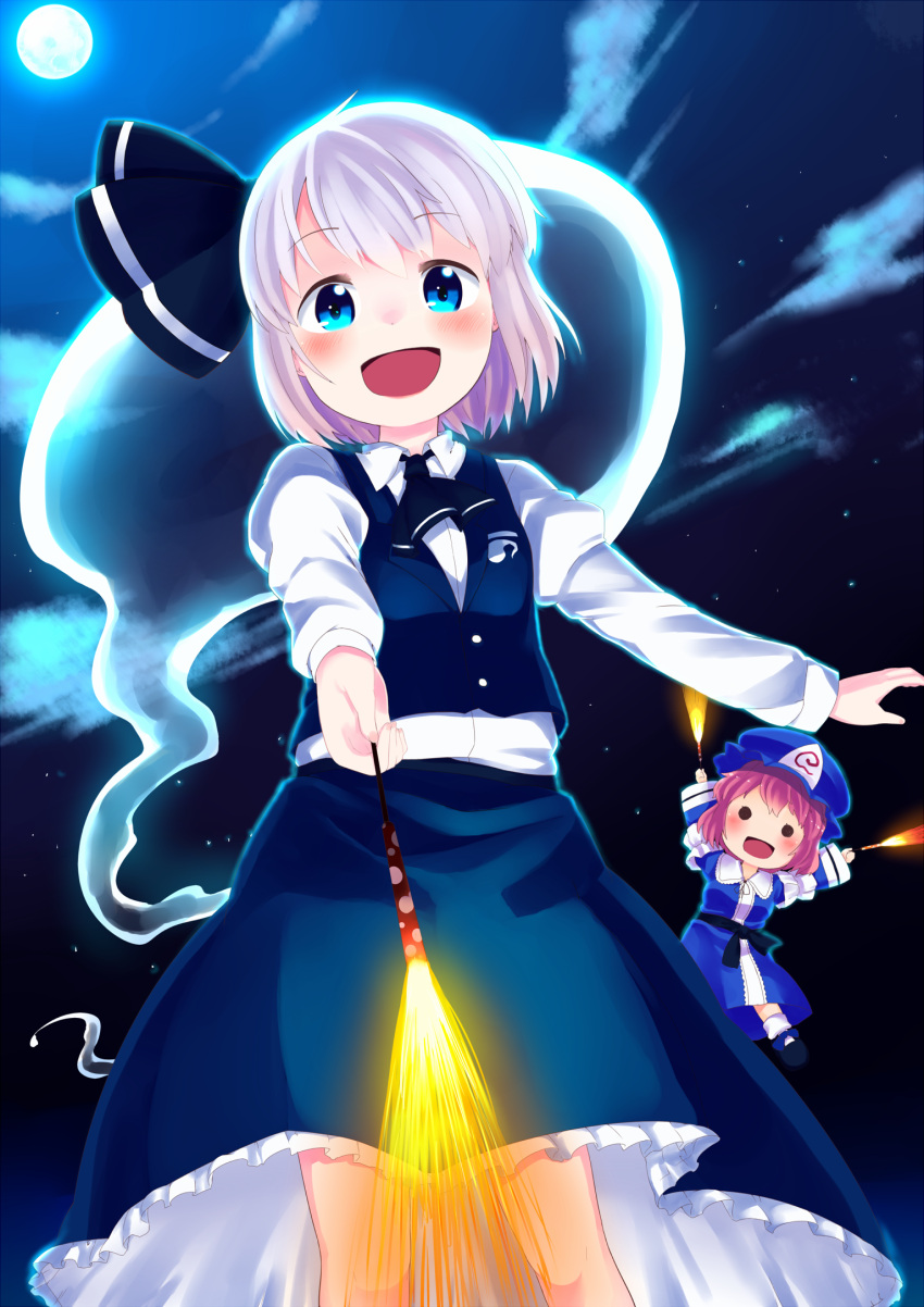 Safebooru - :d blue eyes chibi fireworks full moon happy highres ...