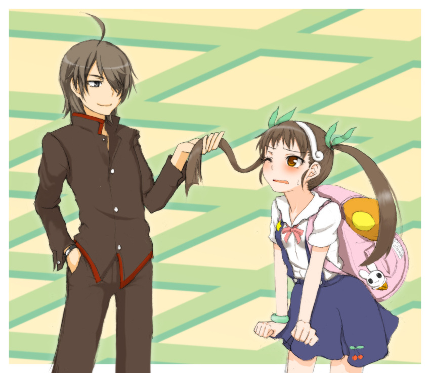 Safebooru - backpack bag bakemonogatari black eyes black hair brown ...