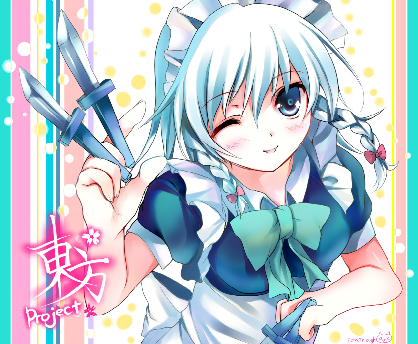 Safebooru - blue eyes blush bow braid highres izayoi sakuya knife ...