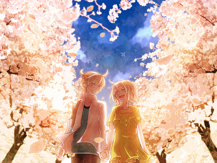 Safebooru - 1girl blonde hair cherry blossoms clouds hand holding ...