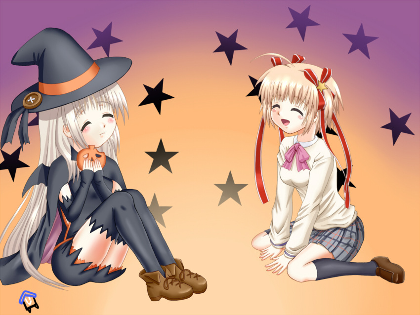 Safebooru - 2girls bat wings blonde hair cape closed eyes eyes closed halloween hat kamikita ...