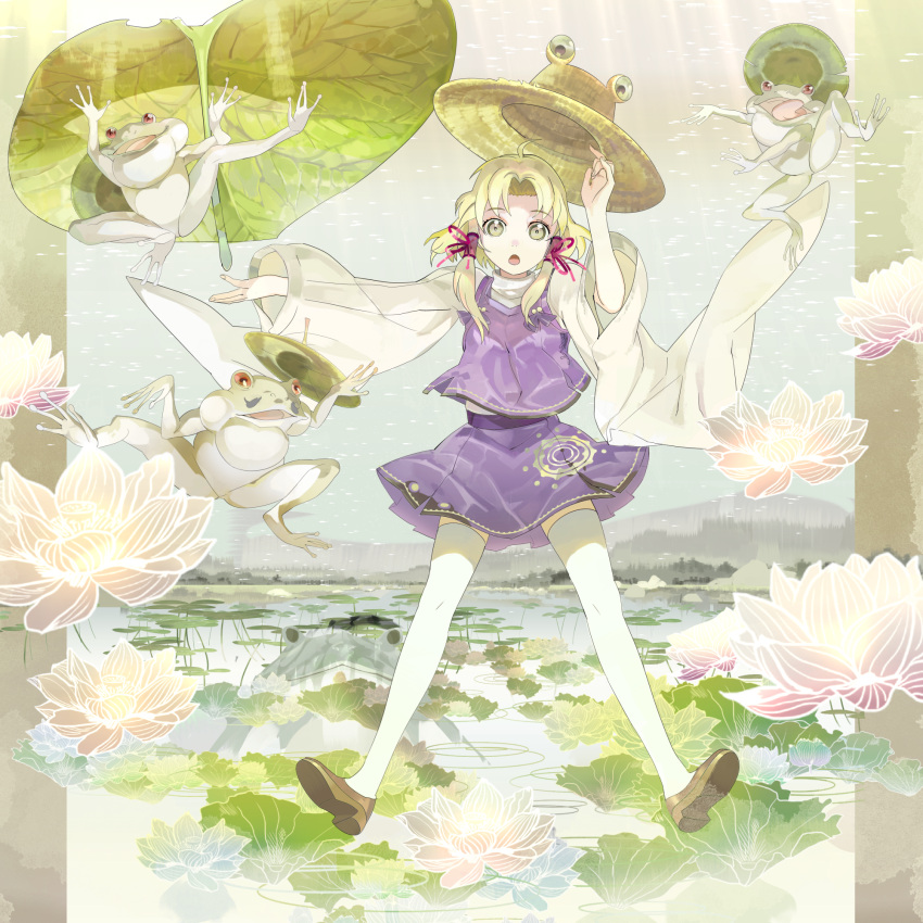 Safebooru - 1ten blonde hair brown eyes flower frog hat highres leaf ...