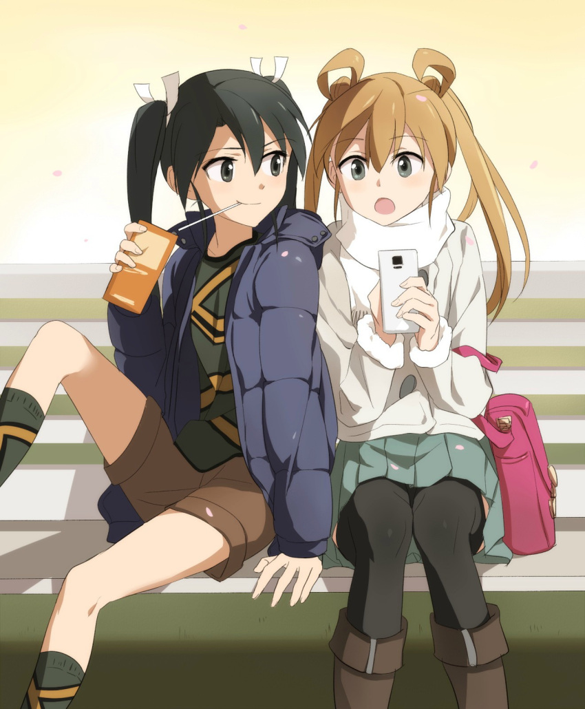 Safebooru - 2girls abukuma (kantai collection) bag black eyes black hair black legwear blonde ...