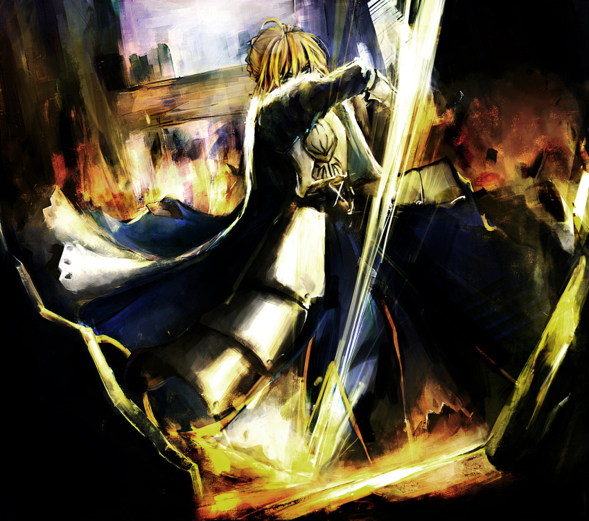 Safebooru - ahoge armor armored dress blonde hair blue eyes cape dress fate/stay night fate ...