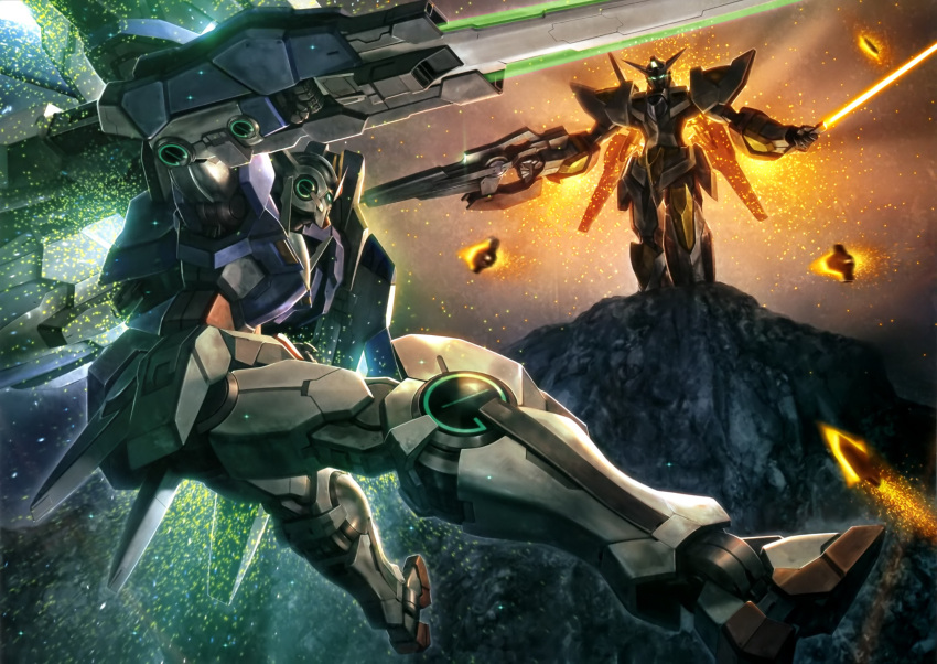 Safebooru - 00 gundam battle dual wielding glowing glowing eyes gundam ...