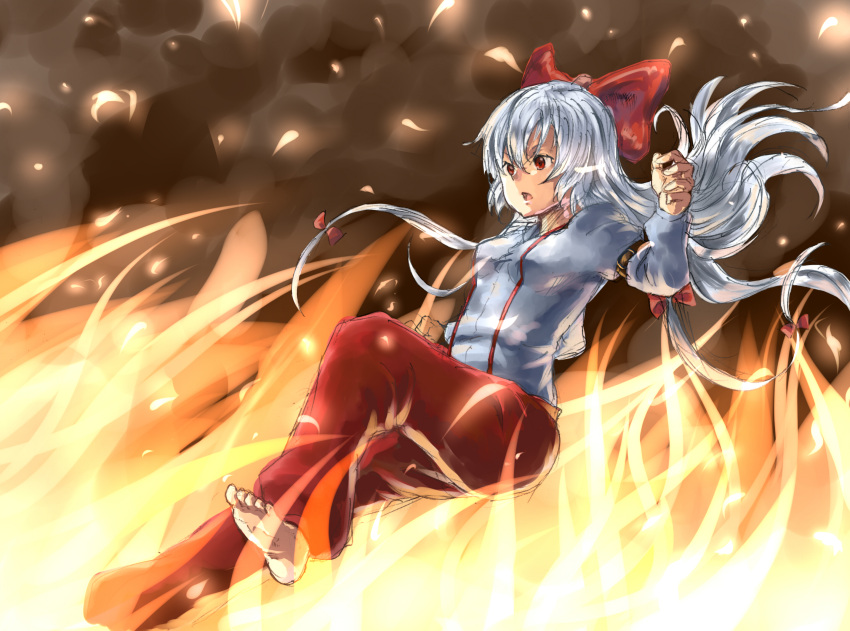 Safebooru - absurdres barefoot bow fire fujiwara no mokou graphite ...