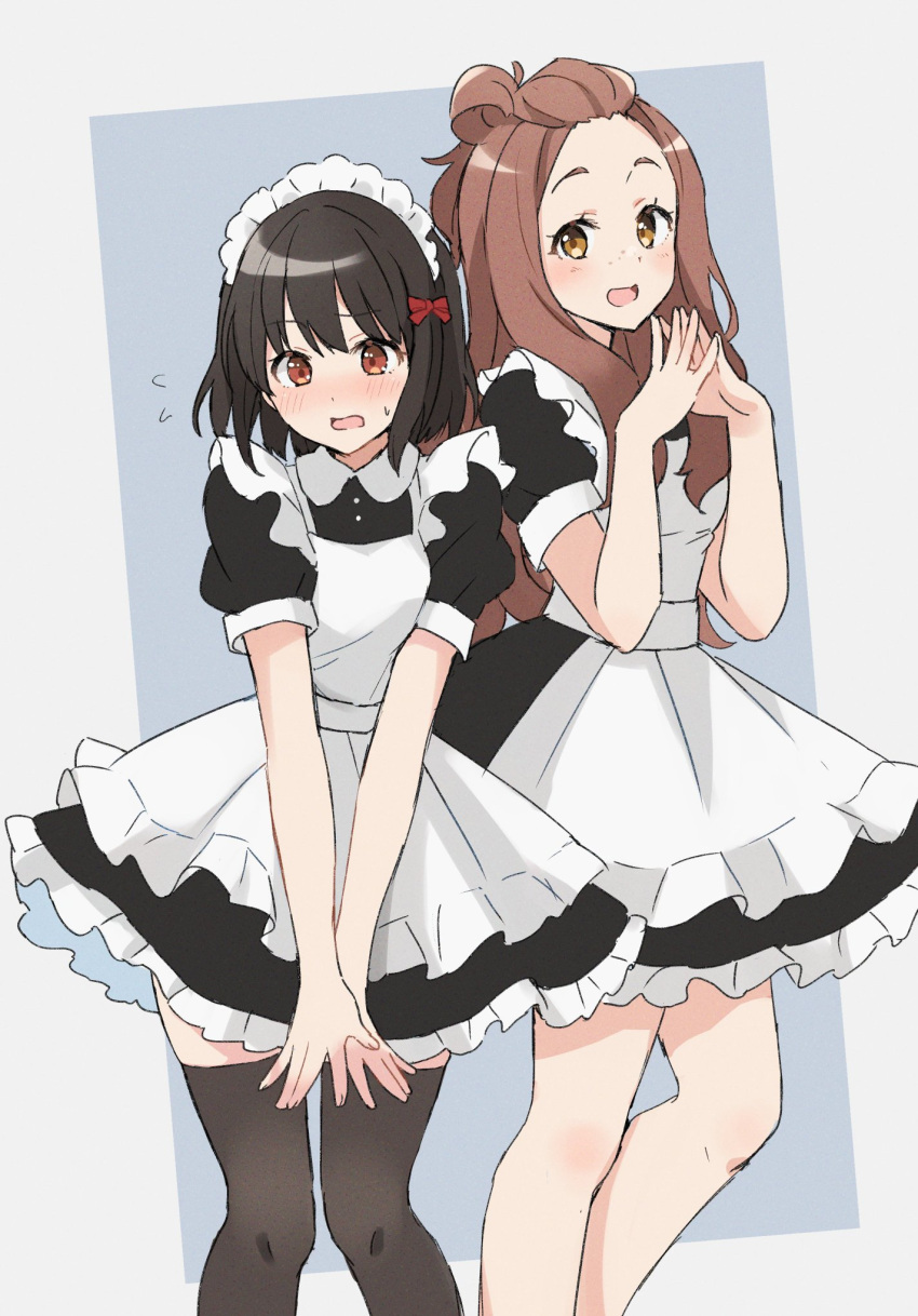 Safebooru - 2girls :d apron black dress black hair black thighhighs bob cut bow brown eyes brown ...