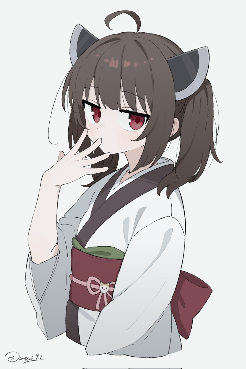 Safebooru - 1girl ahoge beautifulremi brown hair hand on own face ...