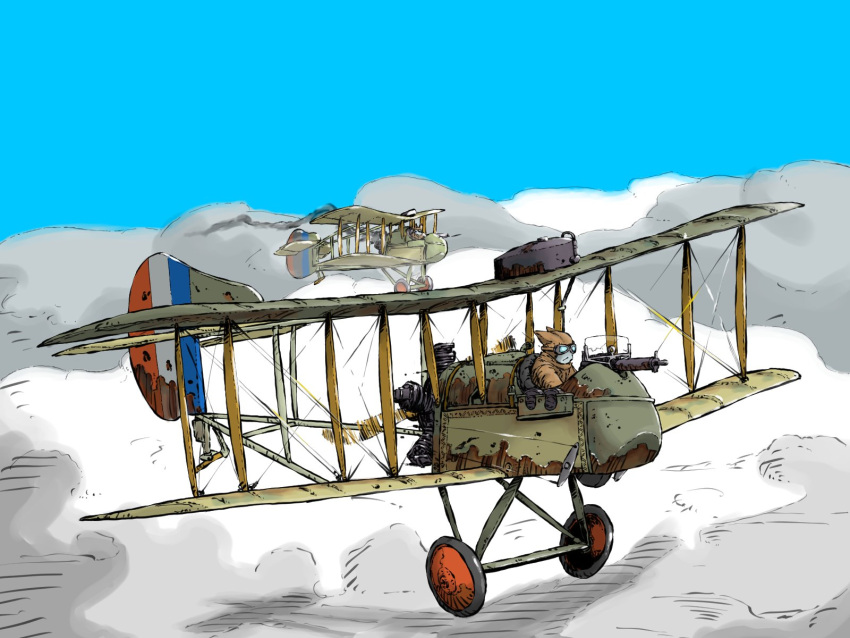 Safebooru - 2boys above clouds aircraft airplane albatros d.v animal ...