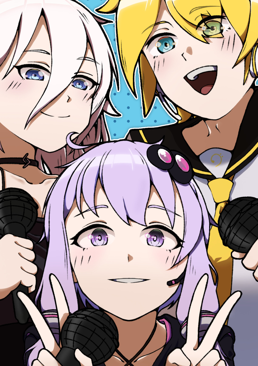 Safebooru - 1boy 2girls cevio harem hetero highres ia (vocaloid) kagamine len karaoke lineart ...