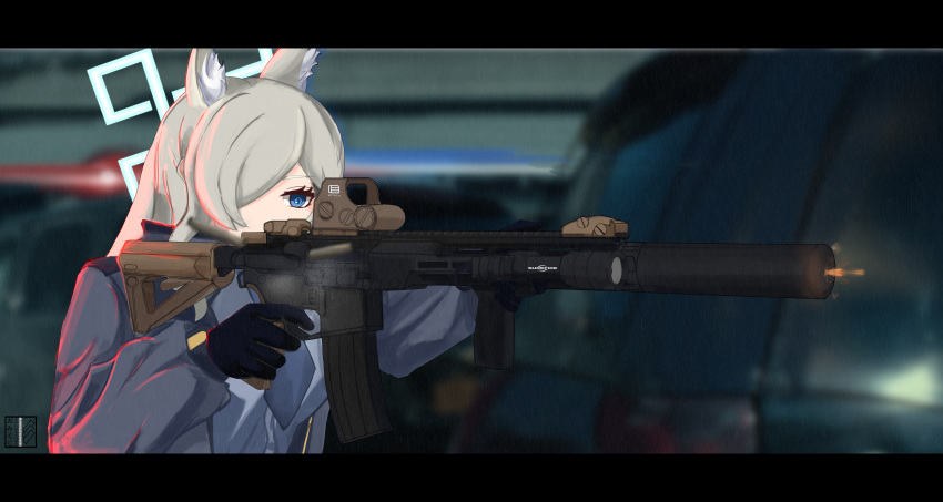 Safebooru - 1girl absurdres animal ears assault rifle blue archive blue halo dog girl extra ears ...