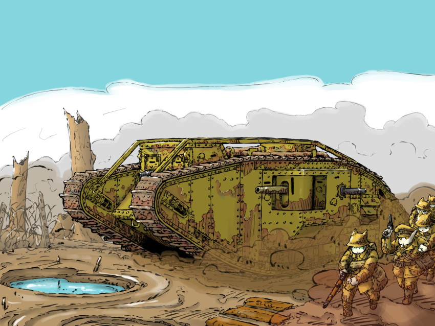 Safebooru - blue sky bolt action brodie helmet cannon clouds combat ...