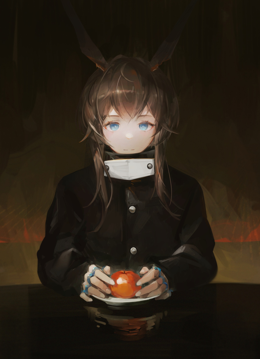 Safebooru - 1girl absurdres amiya (arknights) animal ears apple arknights black jacket blue eyes ...