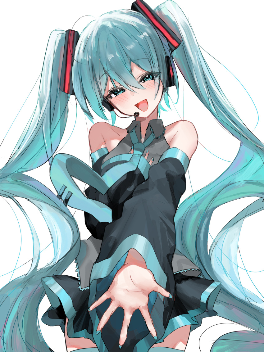 Safebooru - aqua eyes aqua hair aqua nails aqua necktie bare shoulders black sleeves detached ...