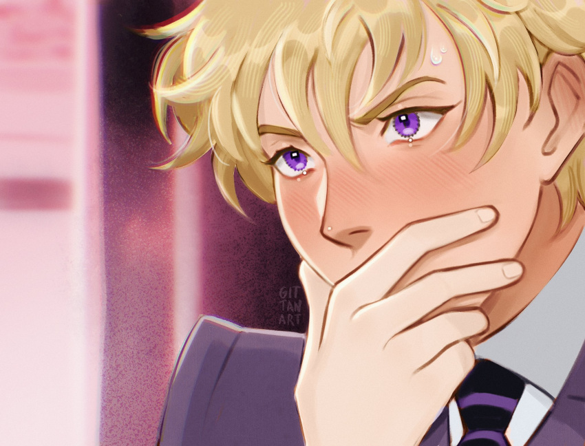 Safebooru - 1boy artist name blonde hair blush covering own mouth english commentary gittanart ...