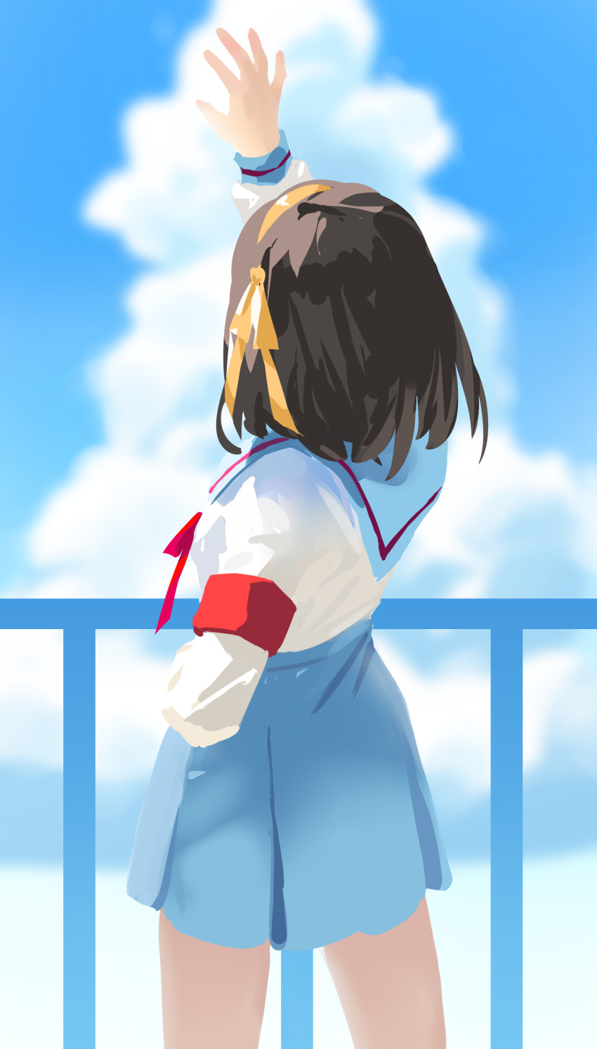 Safebooru - 1girl absurdres arm up armband black hair blue skirt blue sky blurry clouds ...