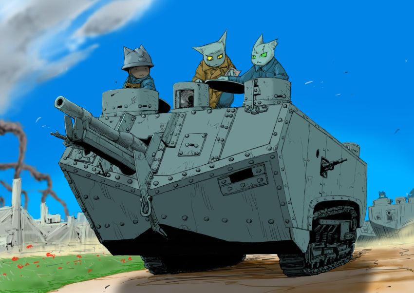 Safebooru - blue sky cannon caterpillar tracks gun highres machine gun ...