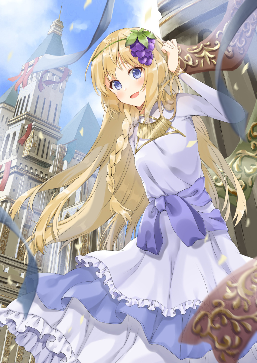 Safebooru - 1girl absurdres anemonaris architecture blonde hair blue eyes blue sky blush braid ...