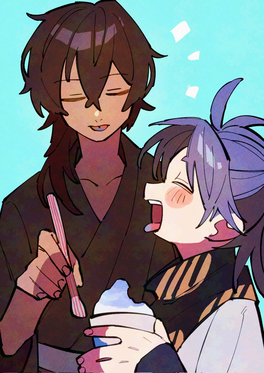 Safebooru - 2boys aqua background black scarf blue hair blush brown hair closed eyes food glaze ...