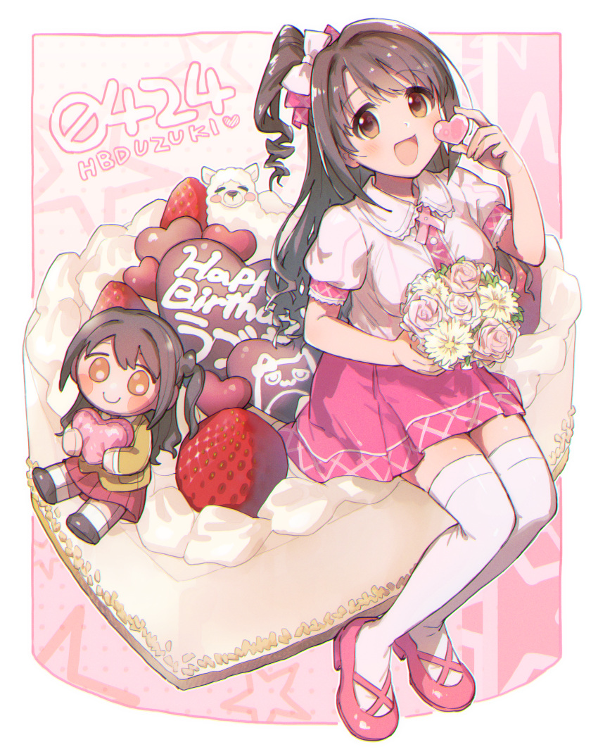 Safebooru - 1girl :d blush border bouquet bow brown eyes brown hair ...