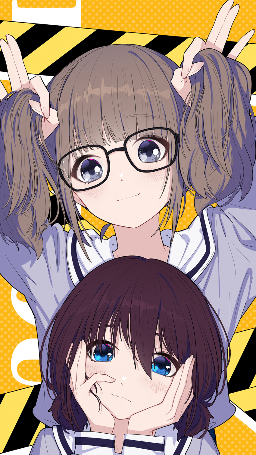 Safebooru - 2girls black-framed eyewear blue eyes blue shirt blush brown hair chinese commentary ...