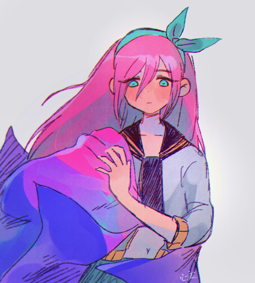 Safebooru - 1girl aqua eyes aqua hairband aqua skirt aubrey (faraway) (omori) aubrey (omori ...